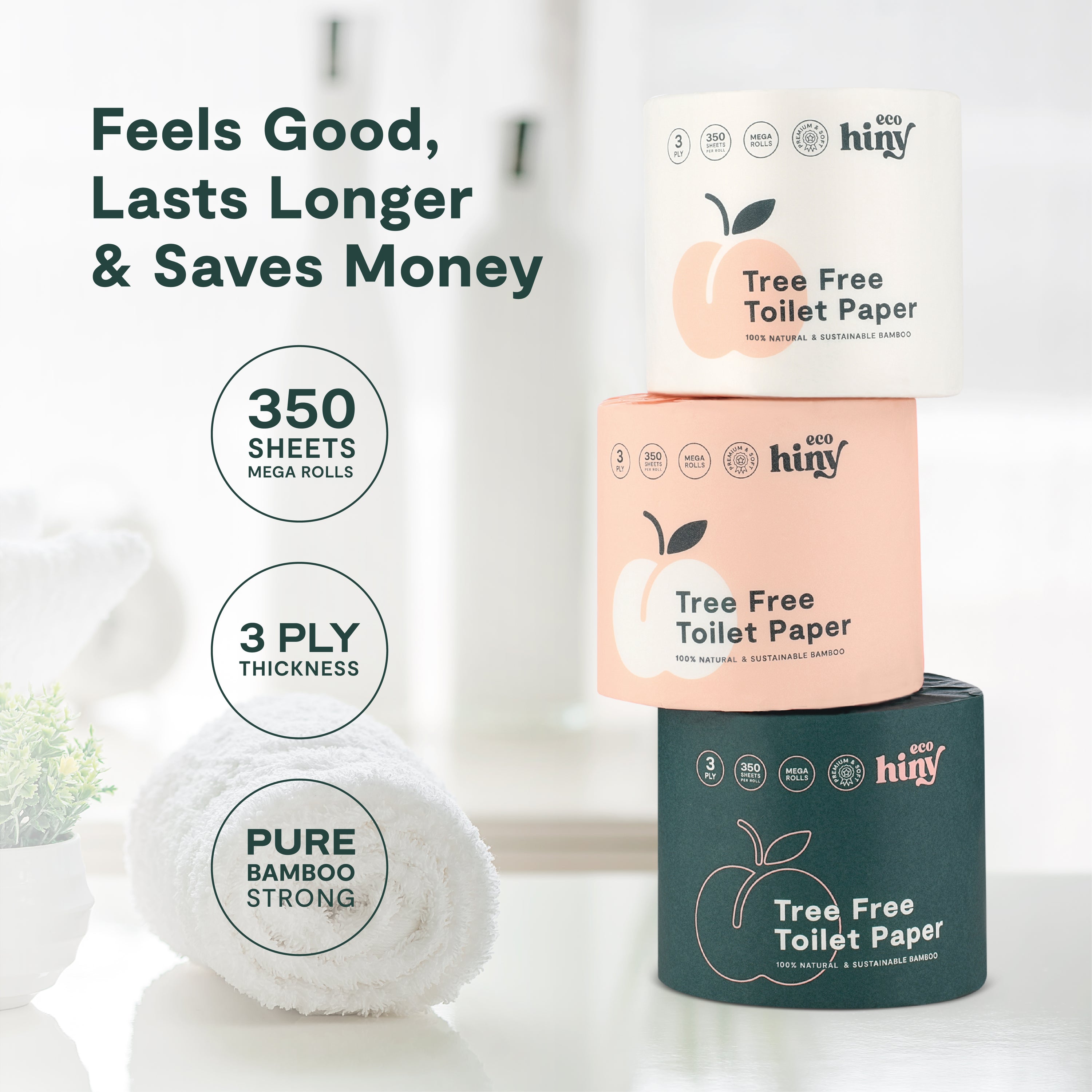 ecoHiny Premium Bamboo Toilet Paper | Mega Rolls, 3 PLY & 350 Sheets